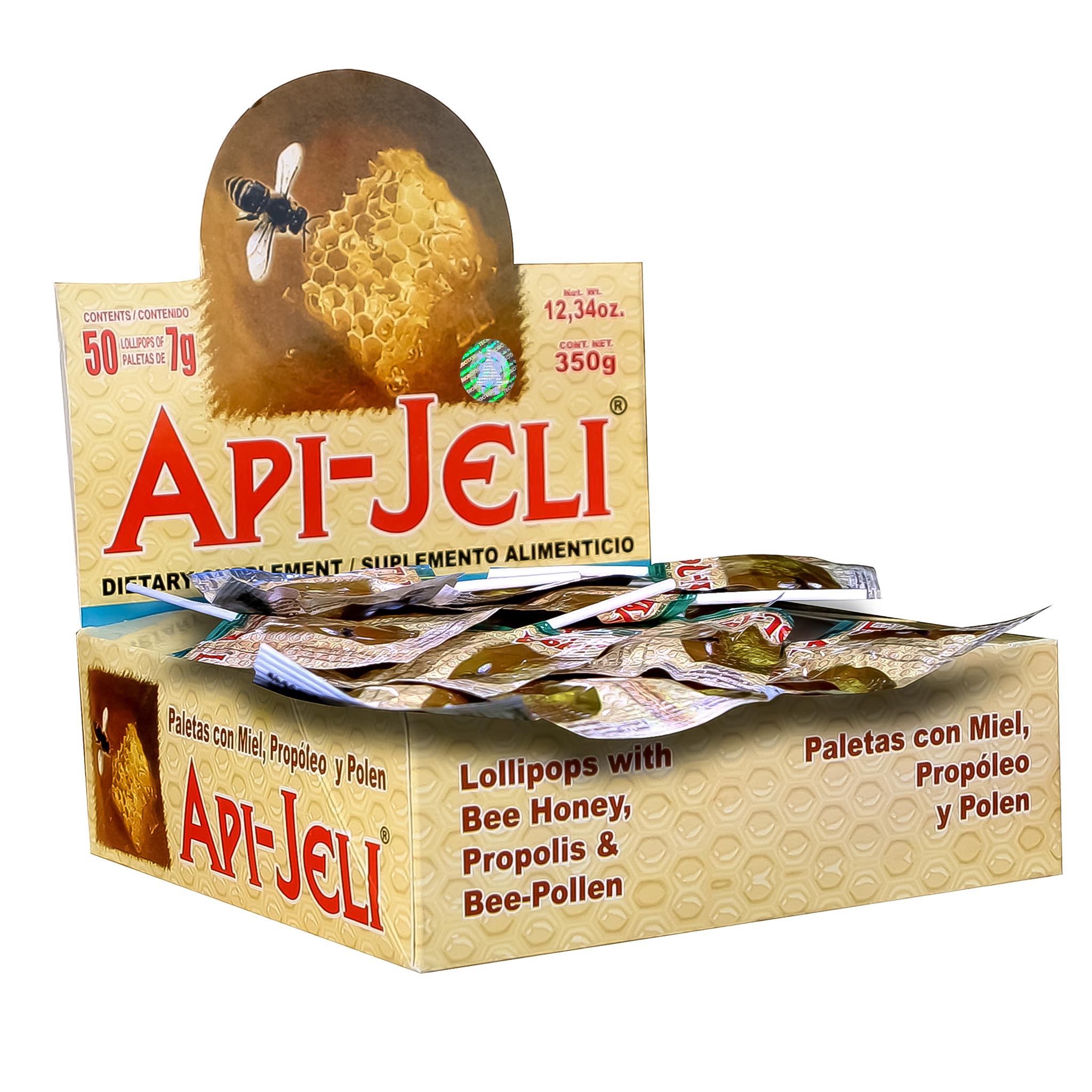 Paletas API-JELI ® miel de abeja, propóleos de abeja y polen caja 50pz – Herbolaria y Nutrición