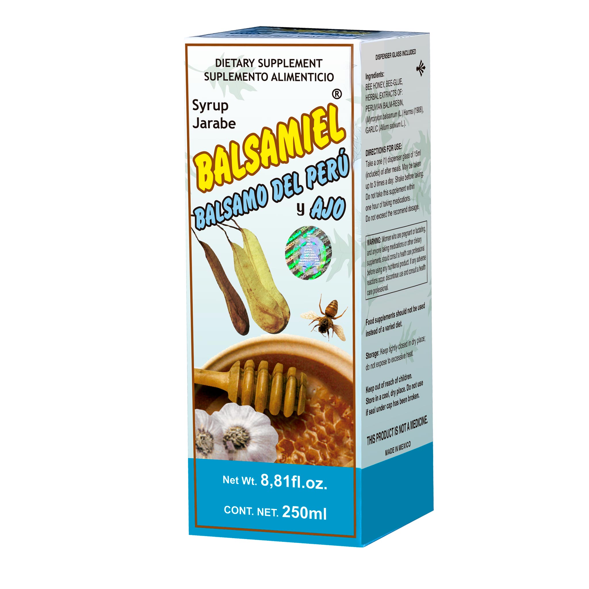 Jarabe BALSAMIEL ® miel, bálsamo del perú y ajo caja frasco 250ml ...